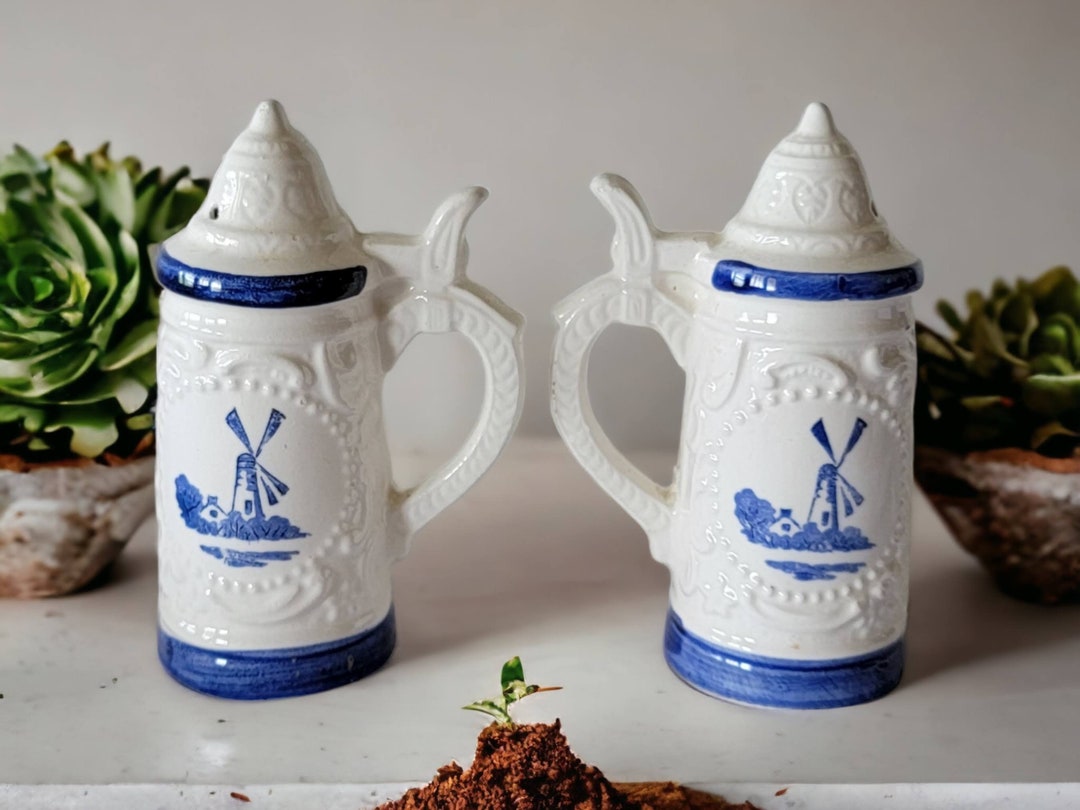 Vintage Stein Windmill Salt and Pepper Shakers White and Blue Stein ...