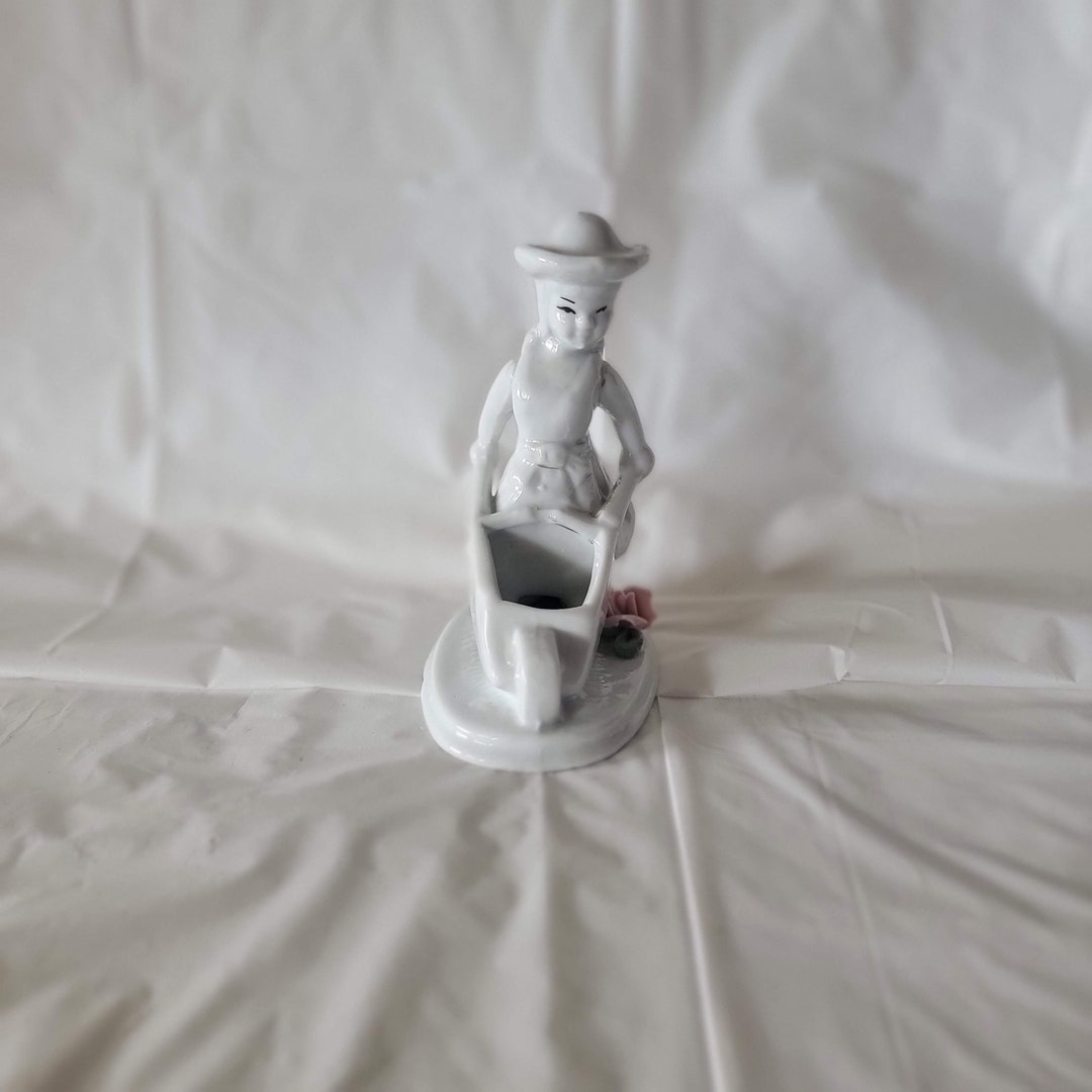 Sophia-ann Figurine, Girl Pushing a Wheelbarrow With Pink Flower, White Porcelain, Small Flower ...