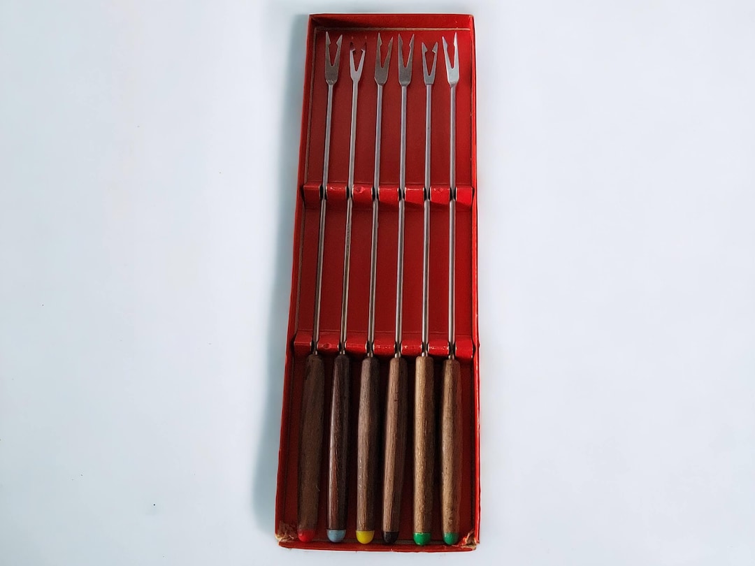 Vintage Fondue Forks Wooden Handles Stainless Steel Original Box ...