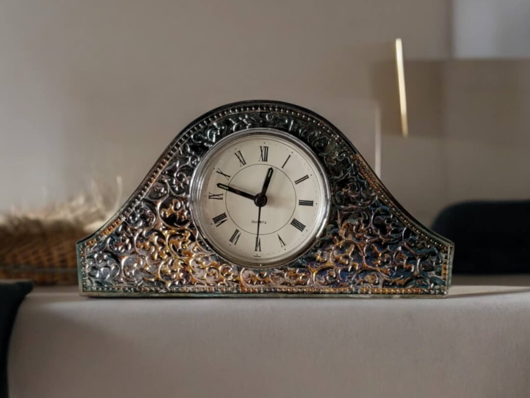 Crown Court Silver Plated Desk Clock Quartz Vintage Movement Made in ...