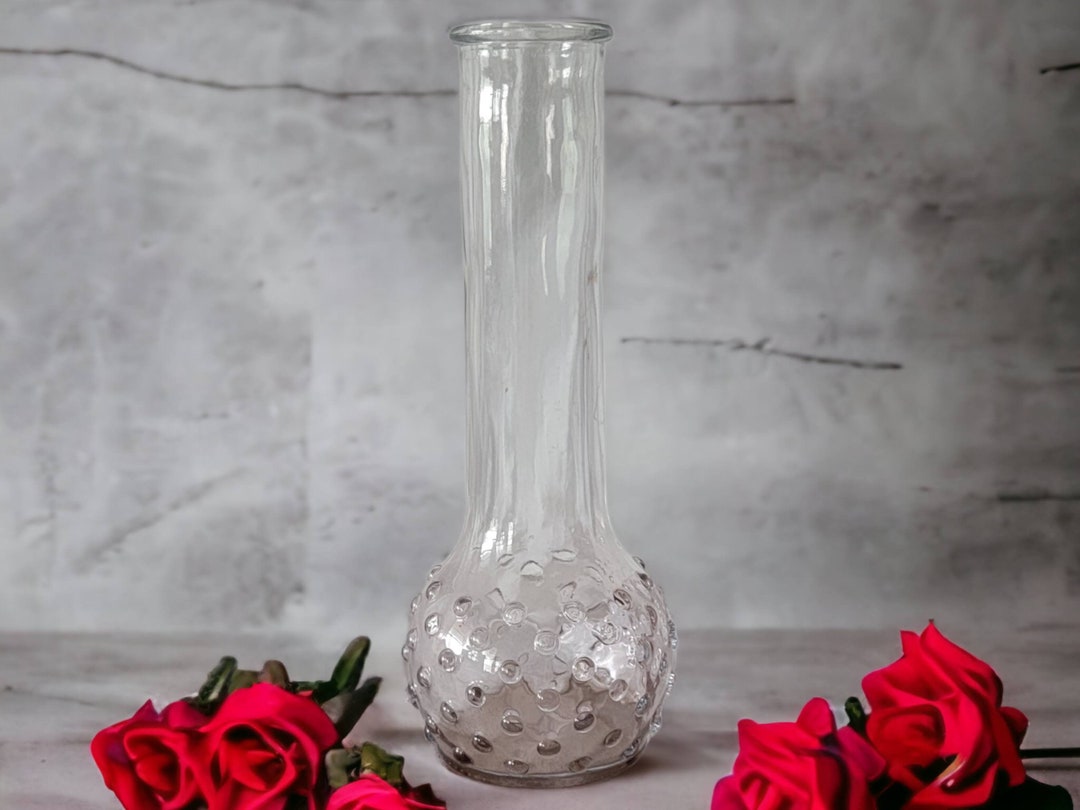 Pale Pink Clear Glass Round Hobnail Bottom Bud Vase Long Neck Flower ...