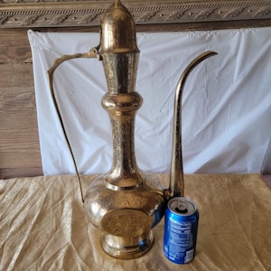 Extra Large Vintage Brass Oil or Tea Pot Etched Coffee Pot Aftaba Ewer ...