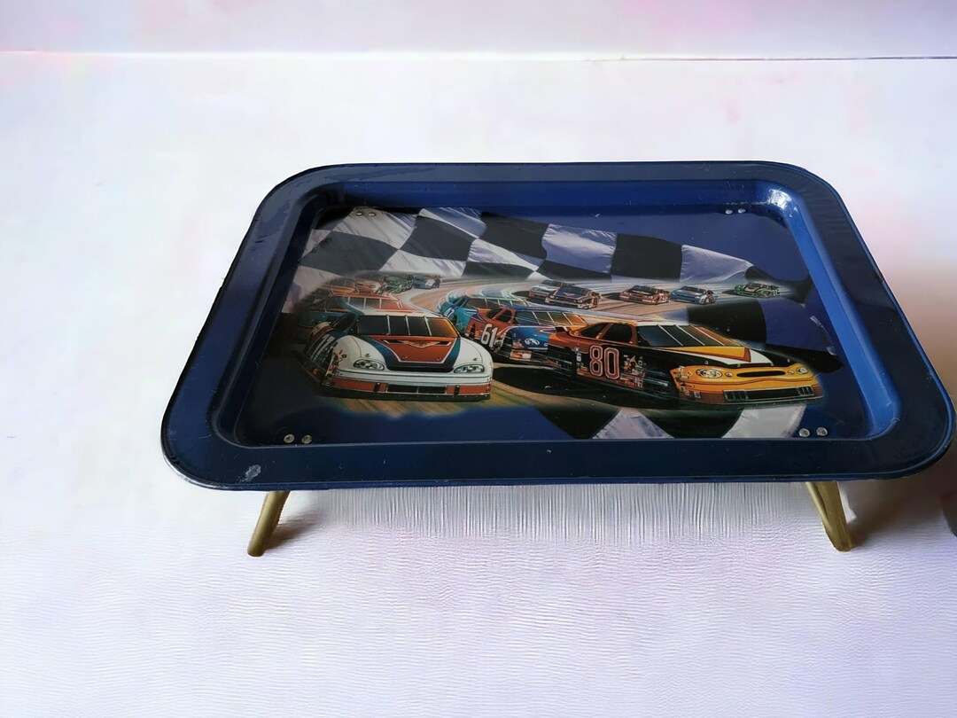 Vintage Auto Racing Metal Lap Tray Cars Racing on Track With Black and ...