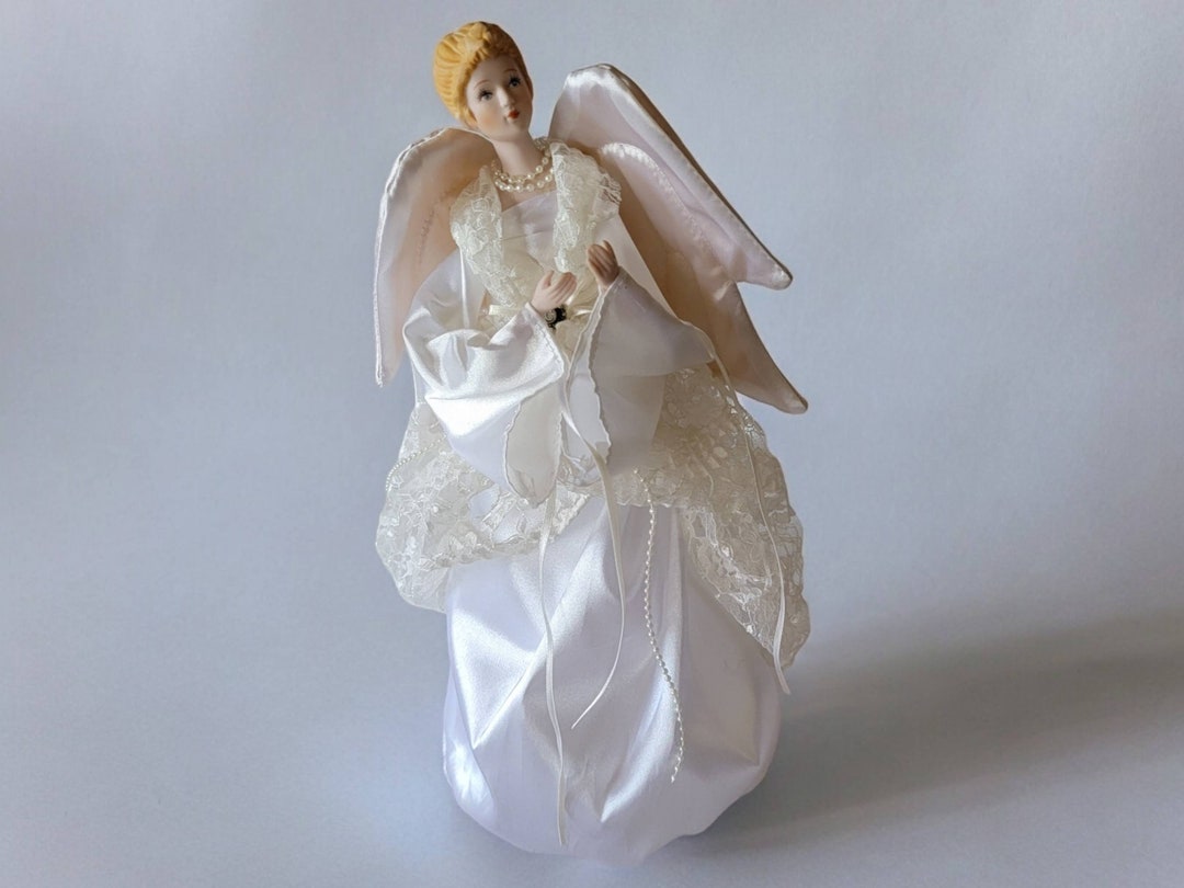 Vintage Angel Tree Topper White Dress Lace With Pearls Pink Wings Blond ...