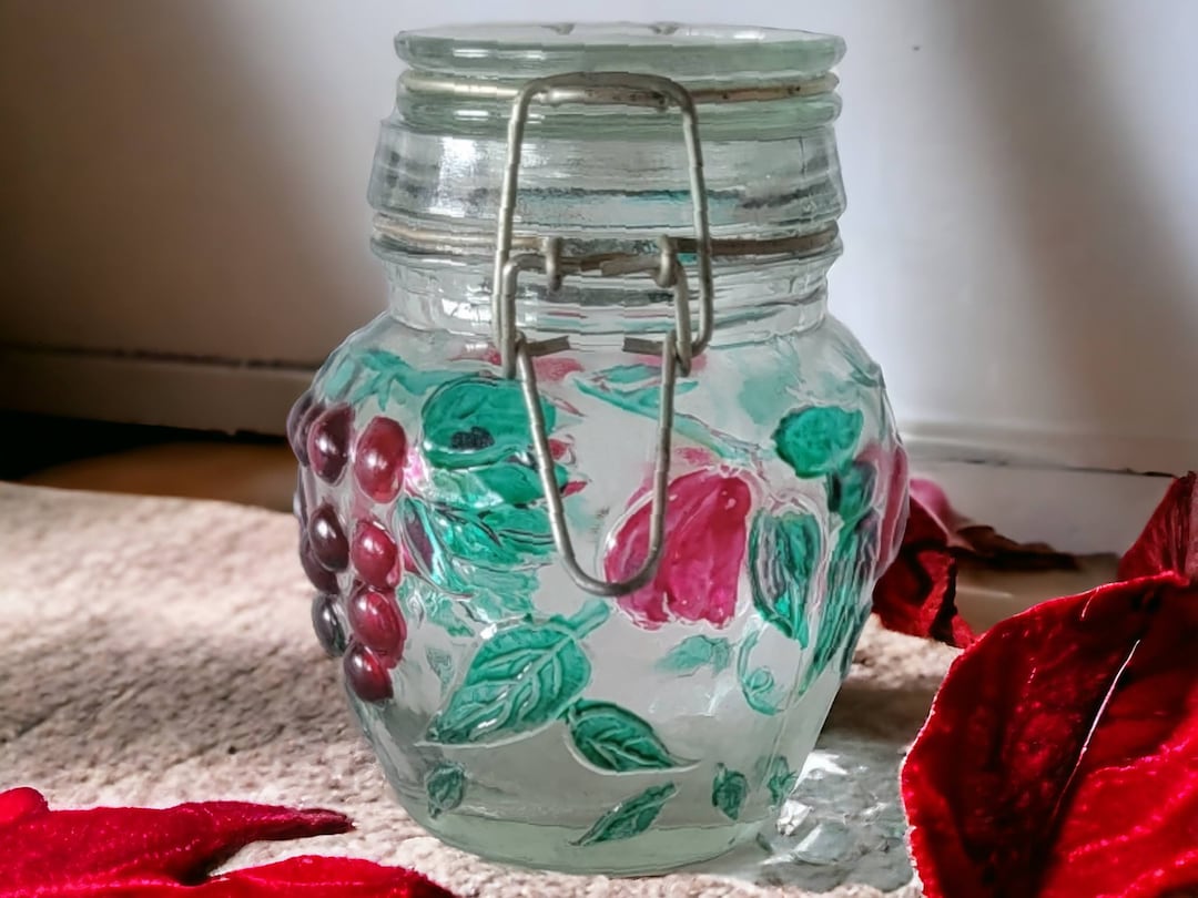 Small Vintage Jelly Jam Glass Jar 314 Ml Fruit Design Hand Painted With ...