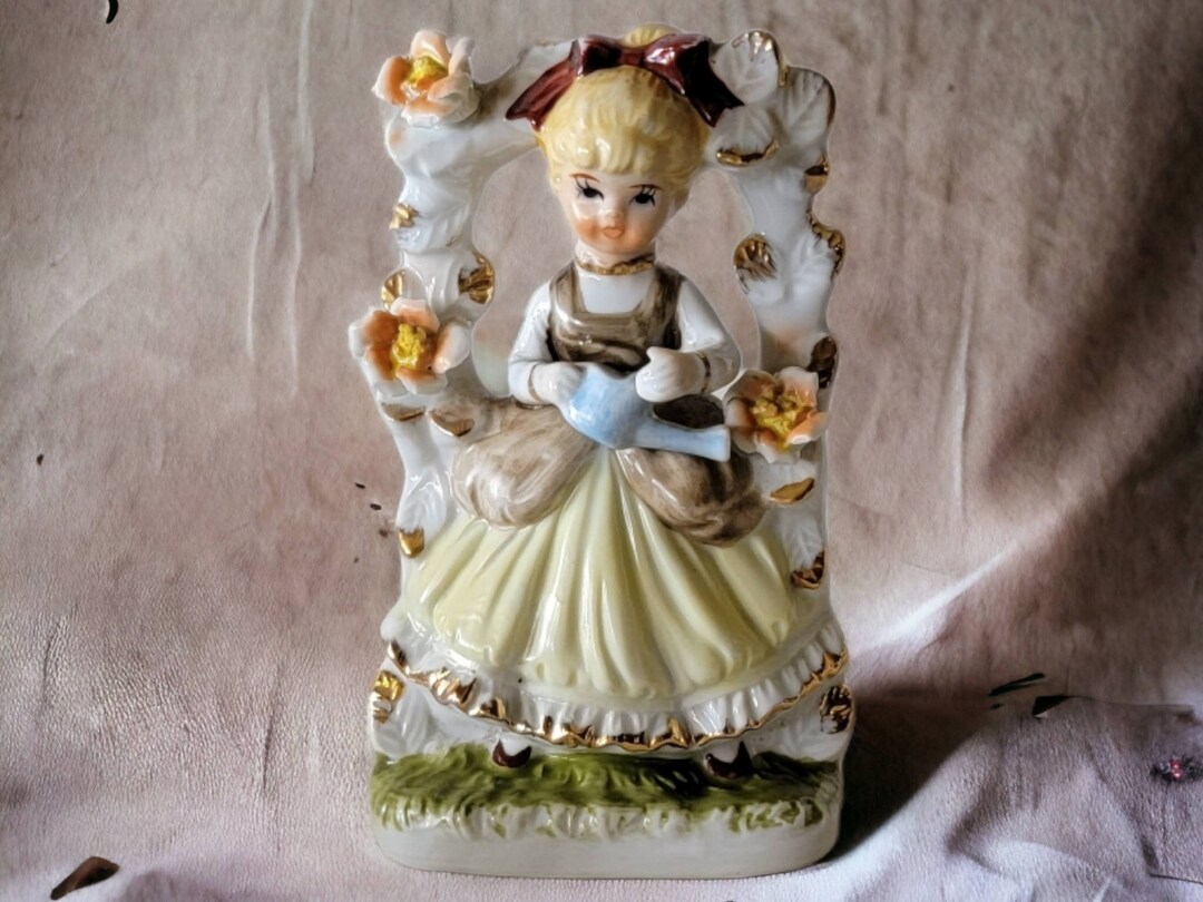 Vintage Ceramic Little Girl in Floral Archway Holding Watering Can ...