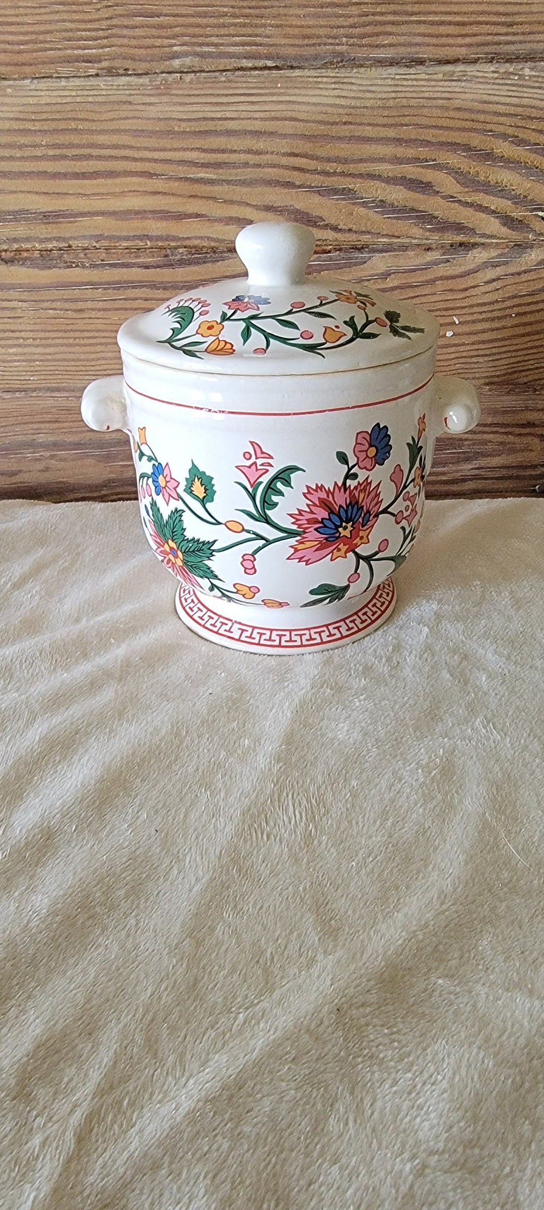 Floral Ceramic Jar With Lid Handles Asian Design Vintage Floral ...