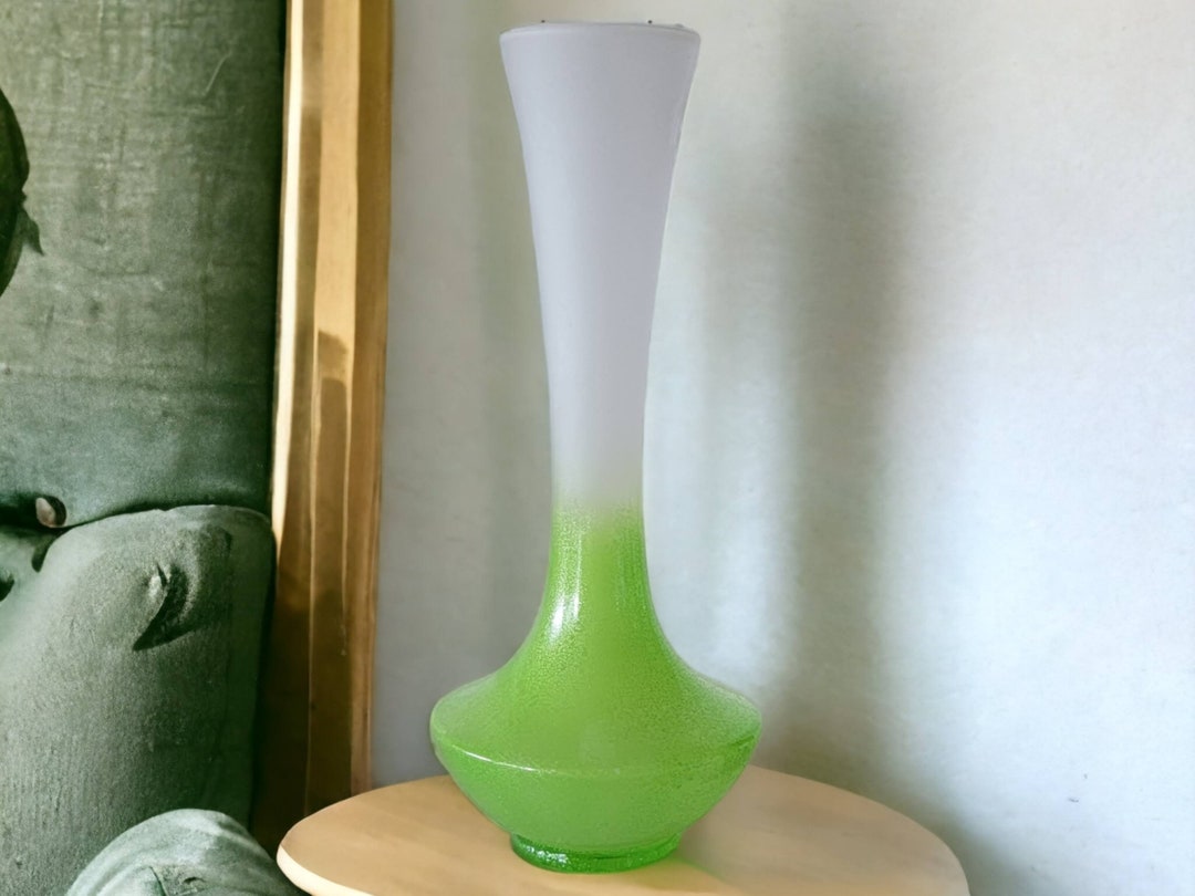 Art Glass Vase Lime Green and Frosted White Art Deco Unique Flower Vase ...