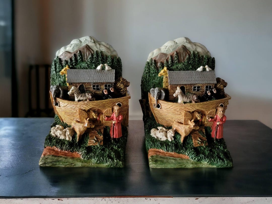 Pair of Noah Ark Bookends Resin Vintage Noah Boat and Animals With ...
