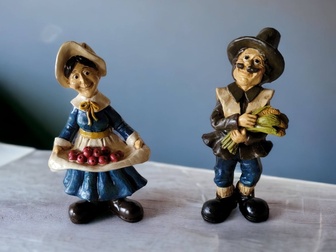 American Pilgrim Statues Cast Resin Woman Holding Apples in Apron Man ...