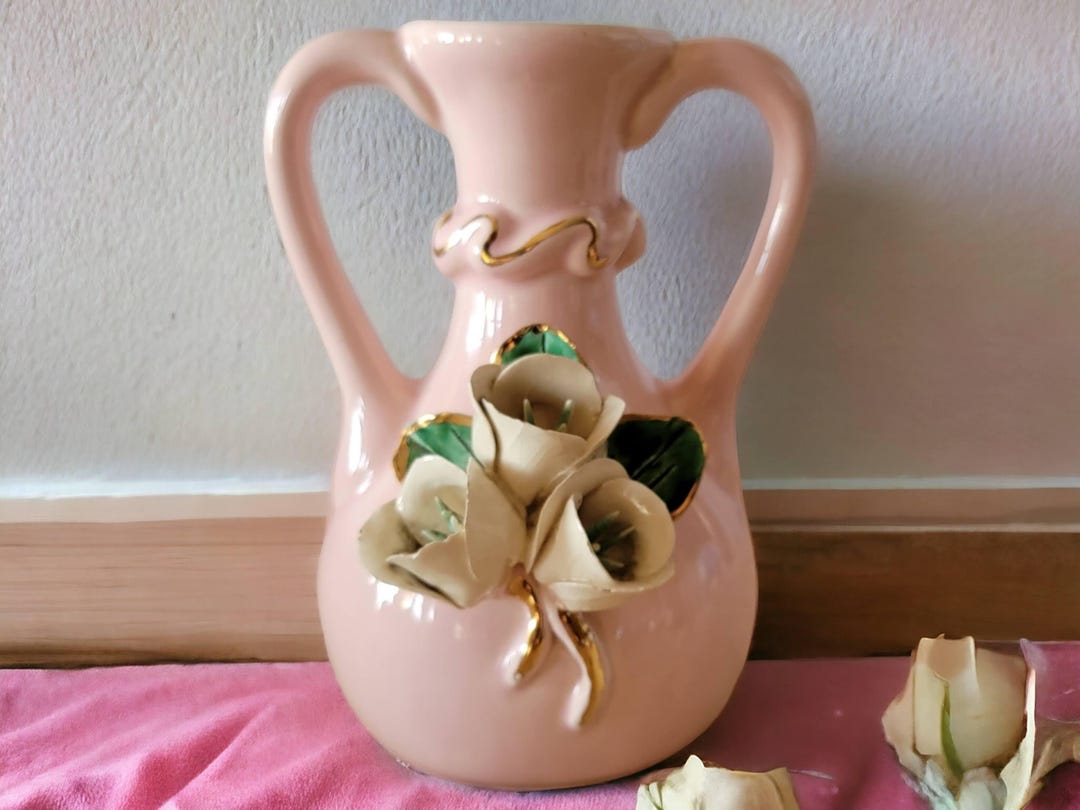 Vintage Pink Vase With White 3D Flowers Double Handles Ceramic Gold ...