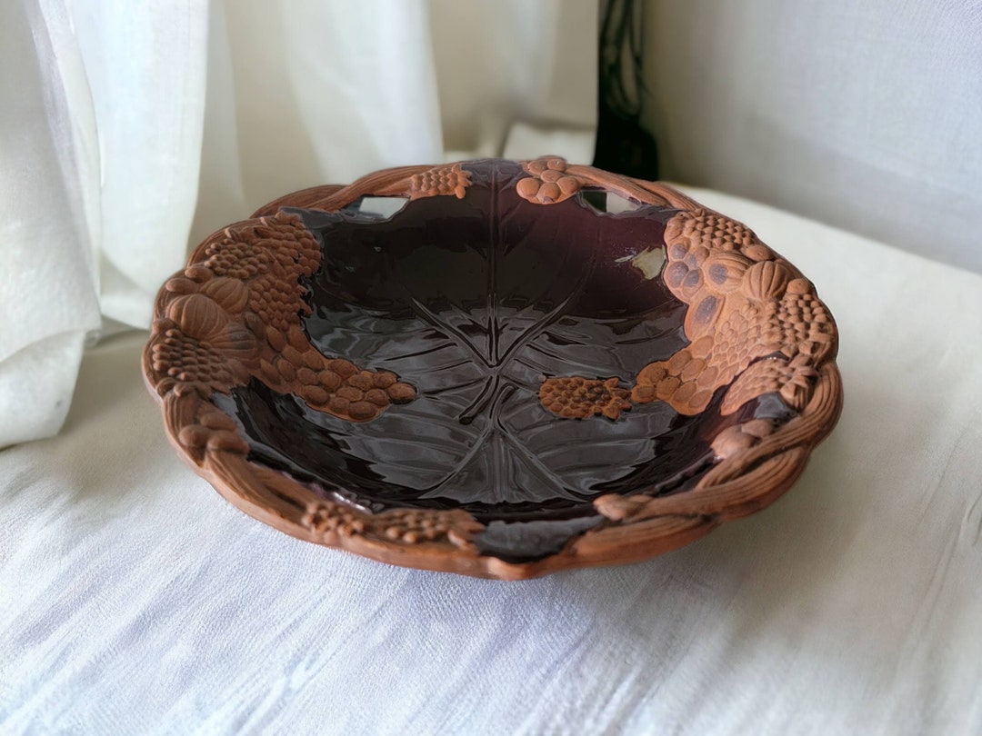 Claire Burke Pottery Fall Bowl Brown Decorative Clay Grapes and Melon ...