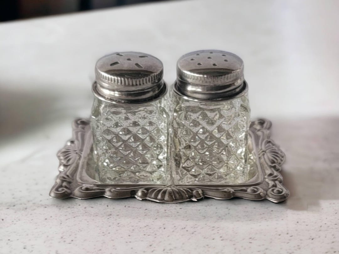 Vintage Miniature Salt and Pepper Set Diamond Pattern Glass With Silver ...