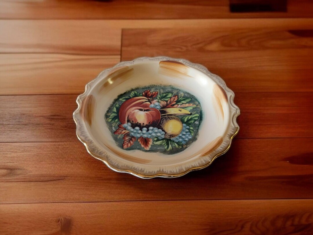 Vintage Enesco Porcelain Fruit Motif Hand Painted Bowl Gold Gilding Tan ...