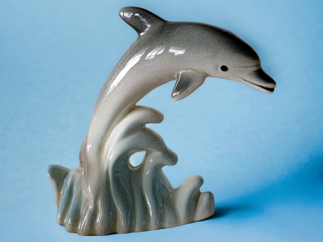 1990 Glazed Porcelain Dolphin Figurine Vintage Statue Dolphin Jumping ...