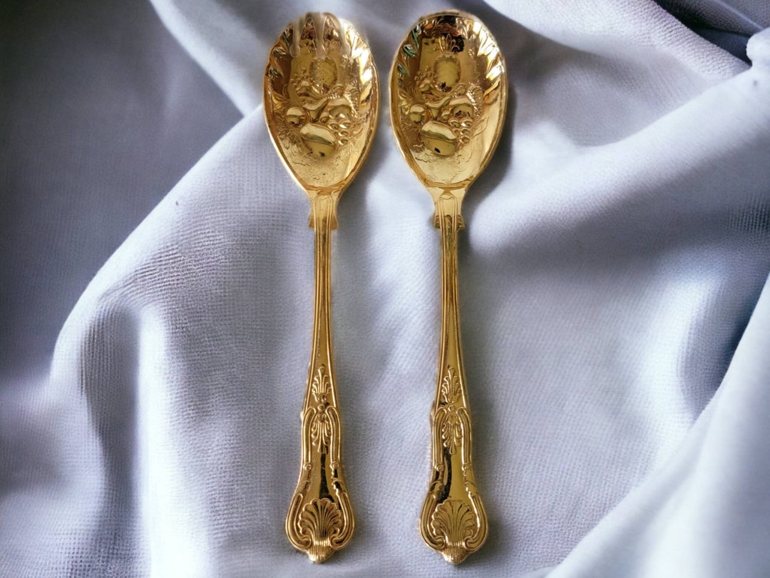 Vintage EPSA, Al, Sheffield Gold Wash Fruit Pattern Salad Serving Set ...