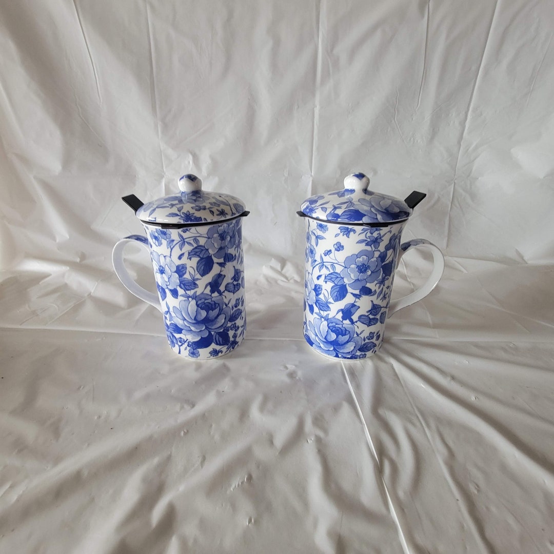 Duchess Fine Bone China Tea Cups W/infuser, White and Cobalt Blue ...