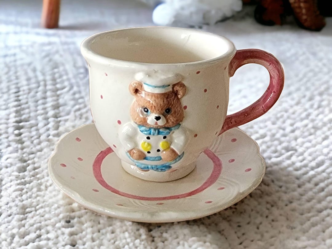 Battat Children's Teddy Bear Teacup and Saucer White and Pink Polka ...