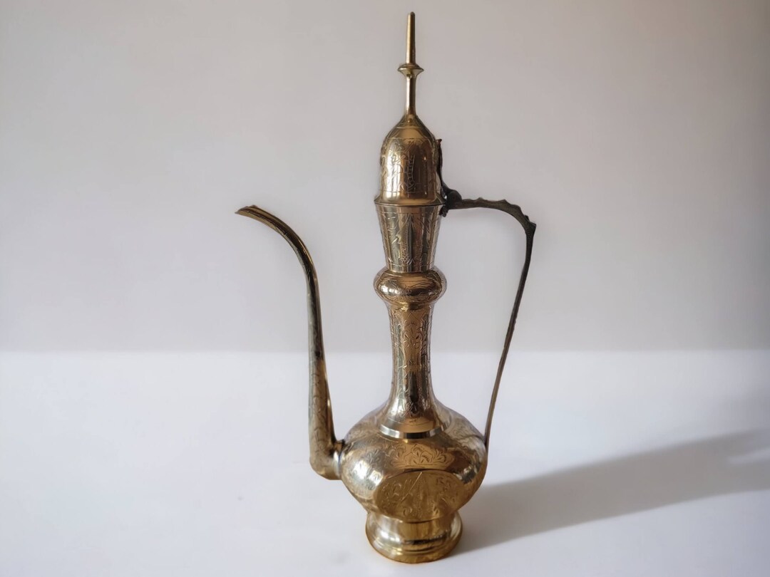 Extra Large Vintage Brass Oil or Tea Pot Etched Coffee Pot Aftaba Ewer ...