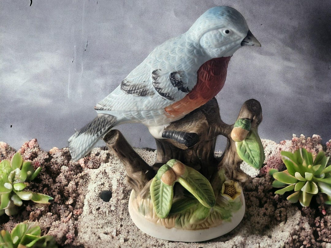 Vintage Ceramic Blue Bird Figurine Sitting on a Branch With Acorns ...