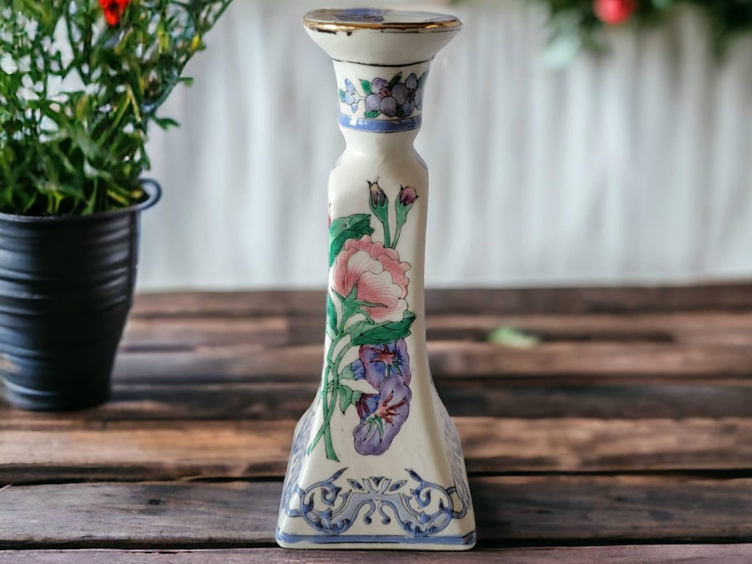 Vintage Chinoiserie Porcelain Candlestick Holder Floral Design Tall ...