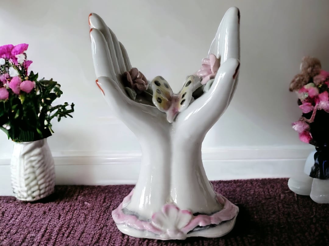 Porcelain Lady Hands Cupped With Butterflies and Flowers Figurines ...