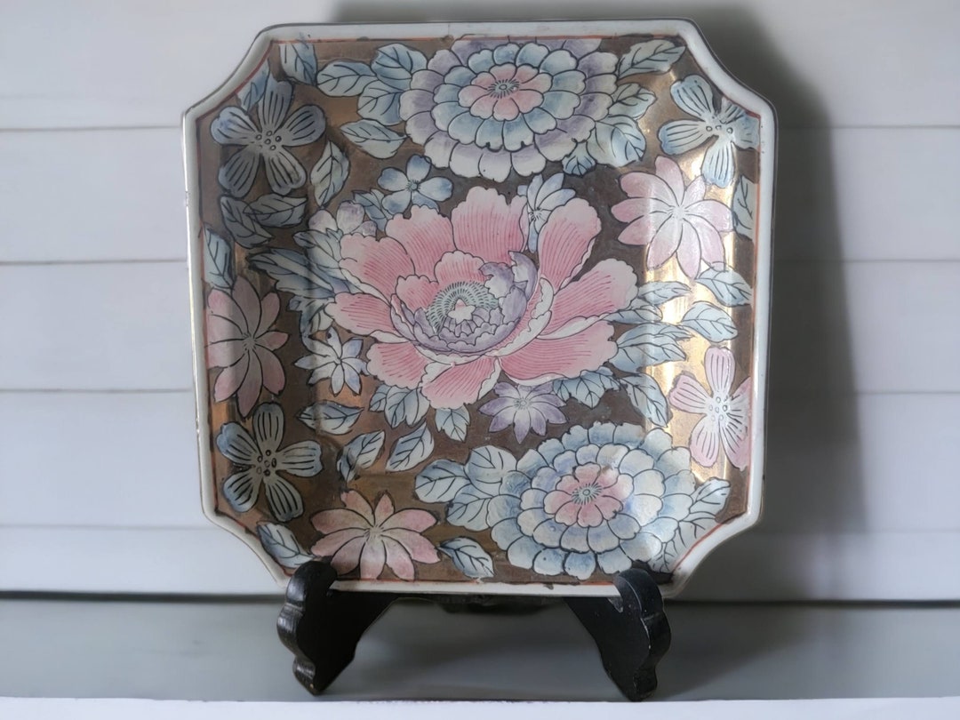 Vintage Oriental Peony Porcelain Plate Chinese Square Plate Decorative ...