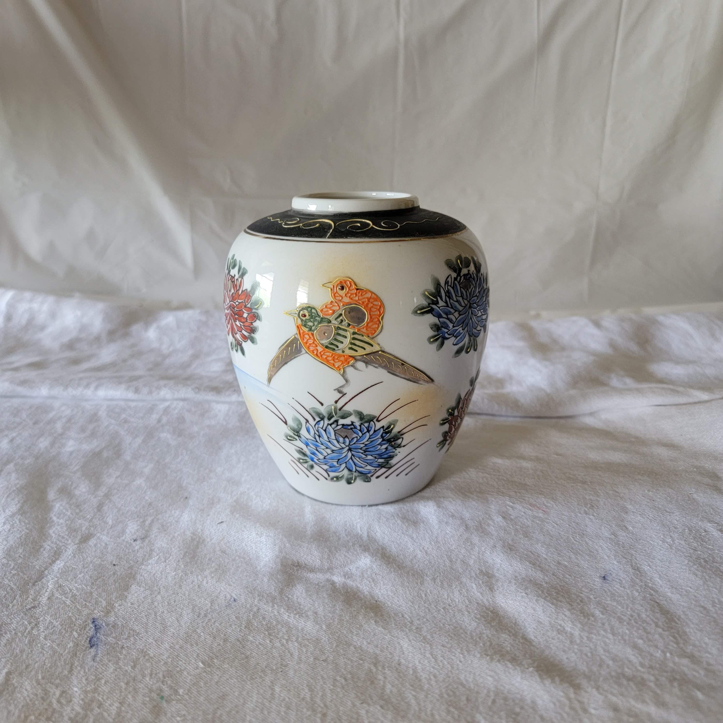 Vintage Asian Moriage Ginger Jar Birds and Mums Ceramic Oriental Ginger ...