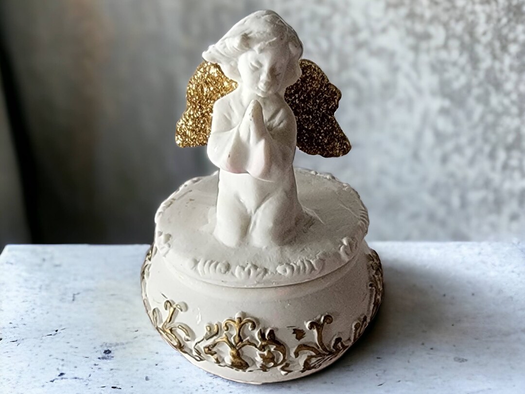 Small Angel Trinket Box Jewelry Holder With Gold Glitter Wings Lidded ...