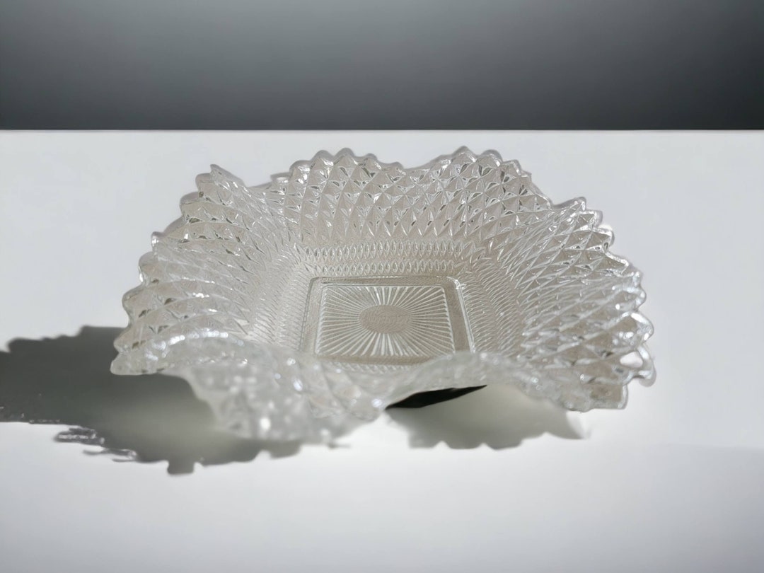 Indiana Glass Diamond Pattern Ruffled Edge Square Candy Dish Clear ...