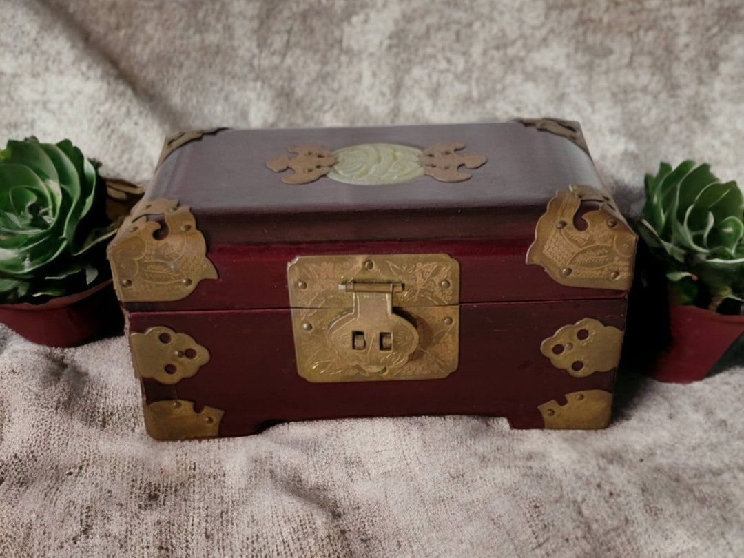 Vintage Wooden and Brass Chinese Jewelry Box Carved Jade Accent Green ...
