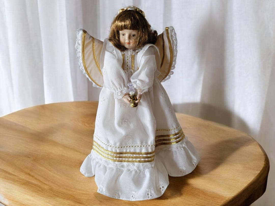 Beautiful Vintage Child Angel Tree Topper White and Gold Dress and ...