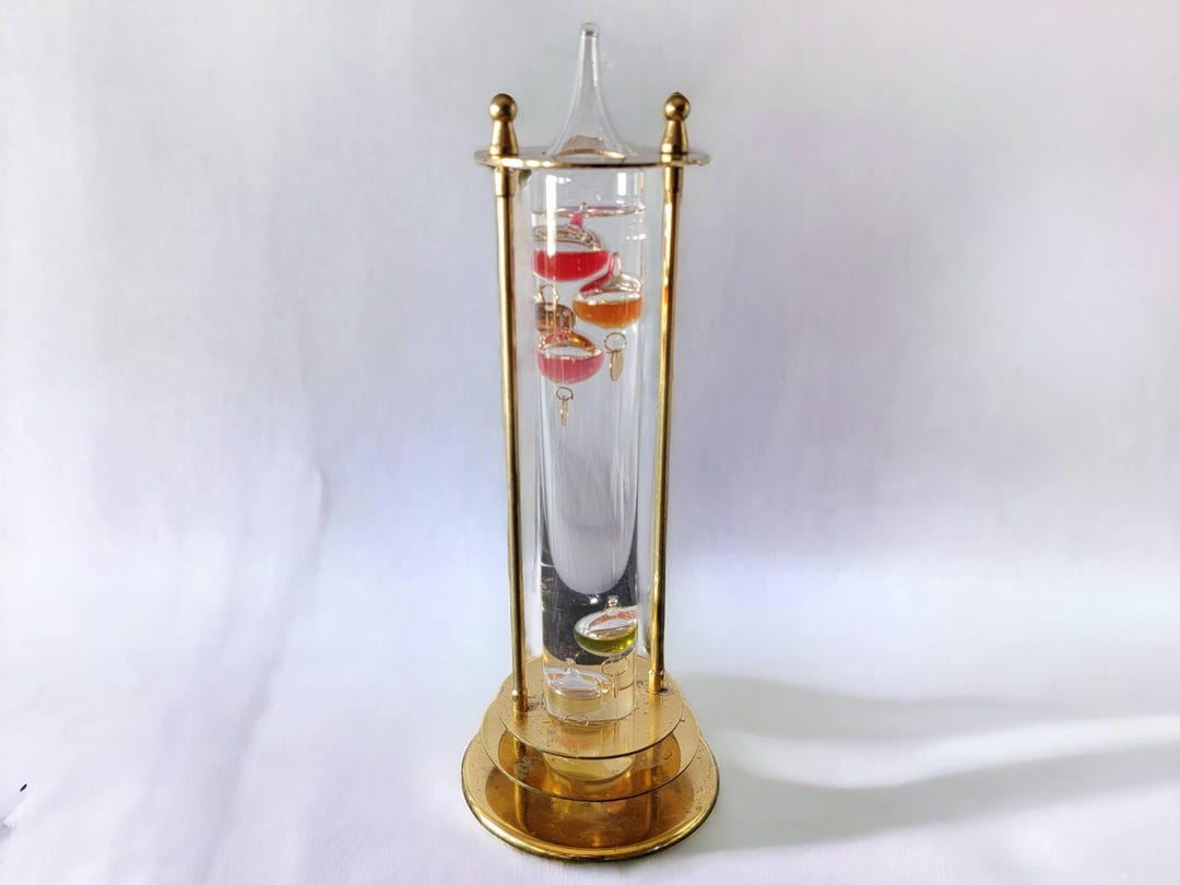 Vintage Galileo Thermometer Bubble Brass Tiered Stand 14" High Glass ...