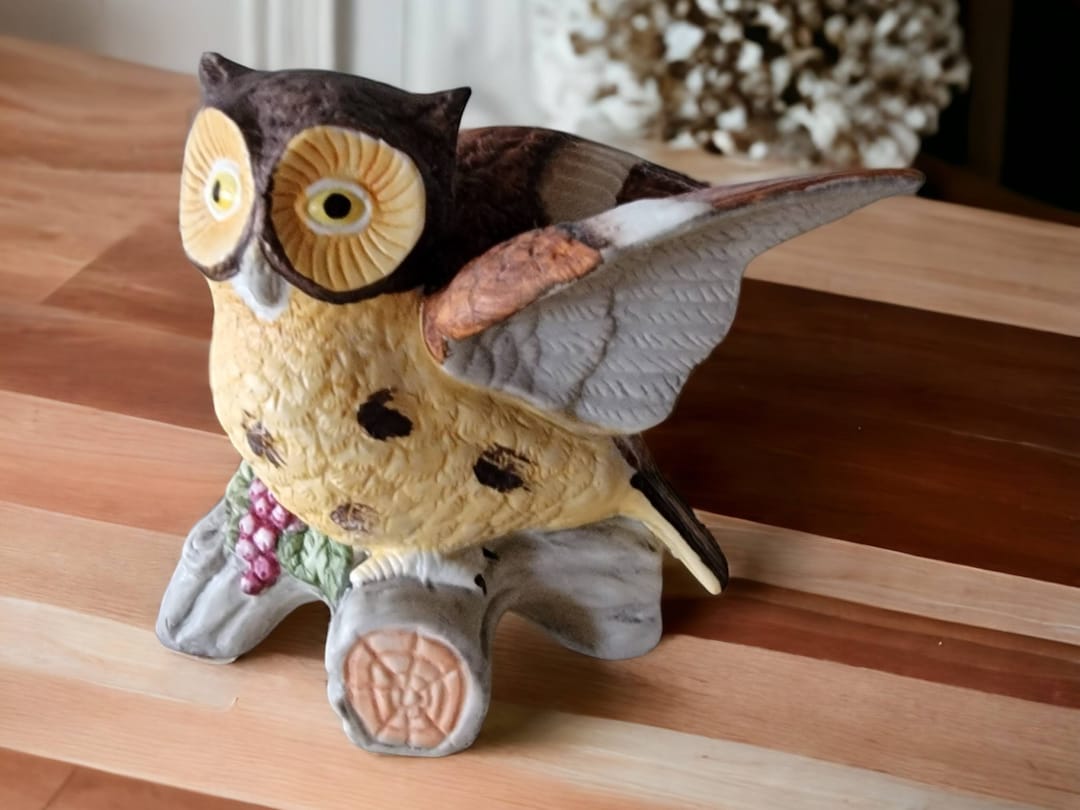 Vintage Porcelain Owl Figurine Hand Painted Owl Sitting on Branch 1980 ...