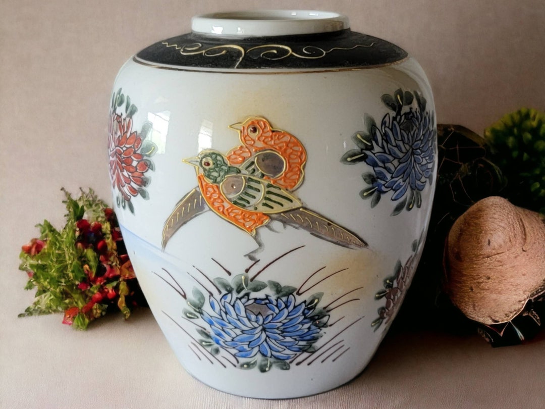 Vintage Asian Moriage Ginger Jar Birds and Mums Ceramic Oriental Ginger ...