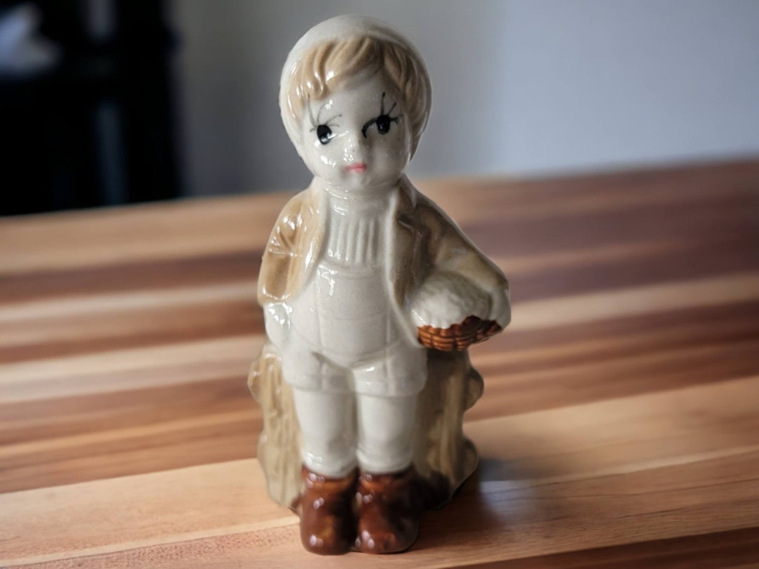 1980's Vintage Ceramic Boy With Berry Basket Figurine 3" Tall Glazed ...