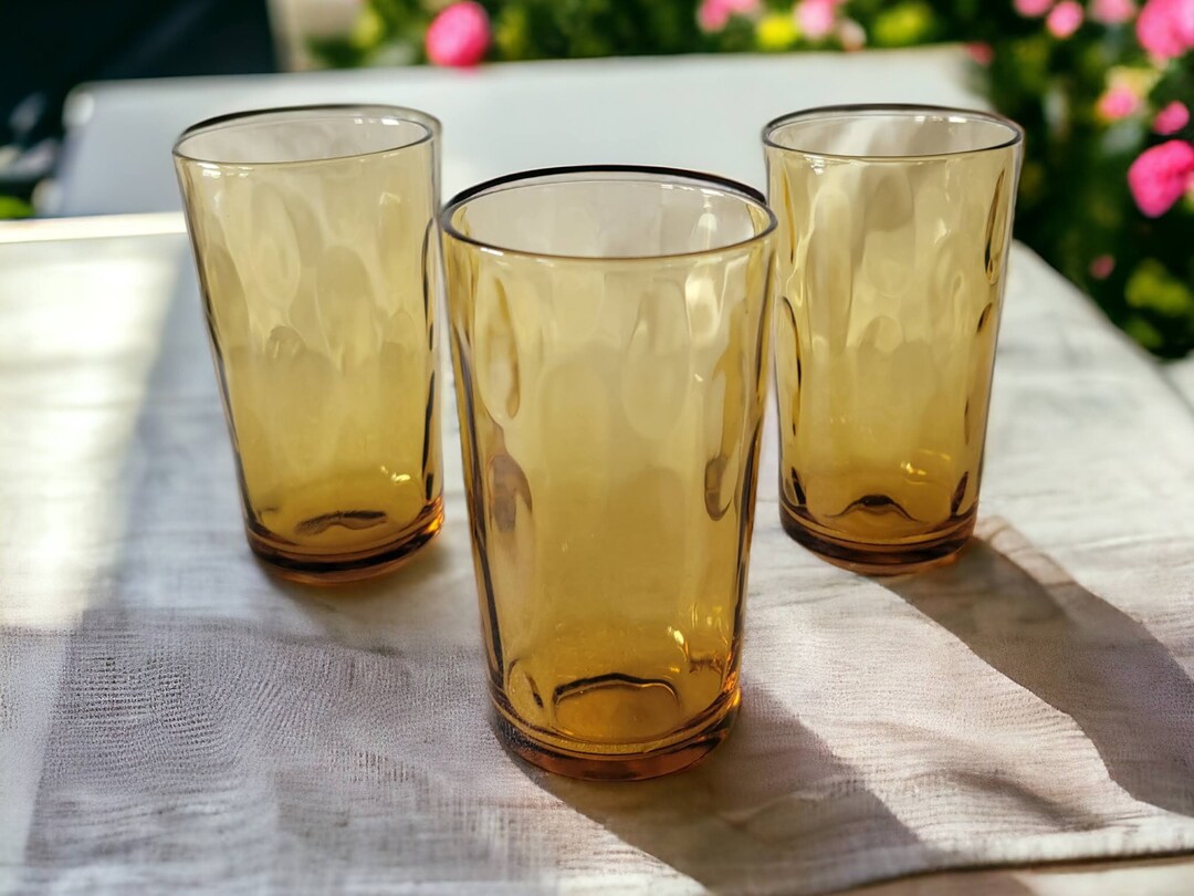 Vintage 1970s Honey Gold Thumbprint Oval Impressions Drinking Glasses ...