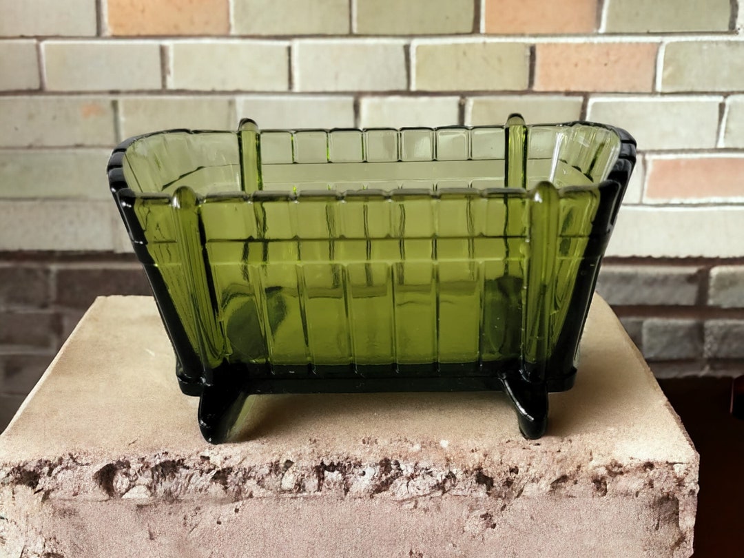 Vintage Indiana Glass Olive Green Cradle Trinket Holder Candy Dish ...