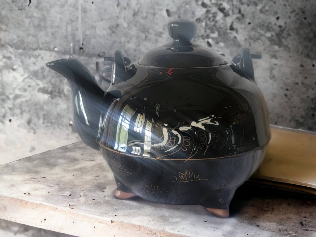 Black Terracotta Teapot Glazed Black Teapot With Wire Handle Vintage ...