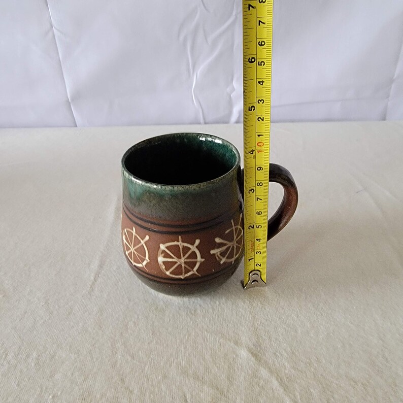 Vintage Stoneware Mug Ship Wheels Nautical Themed Hand Crafted Brown ...