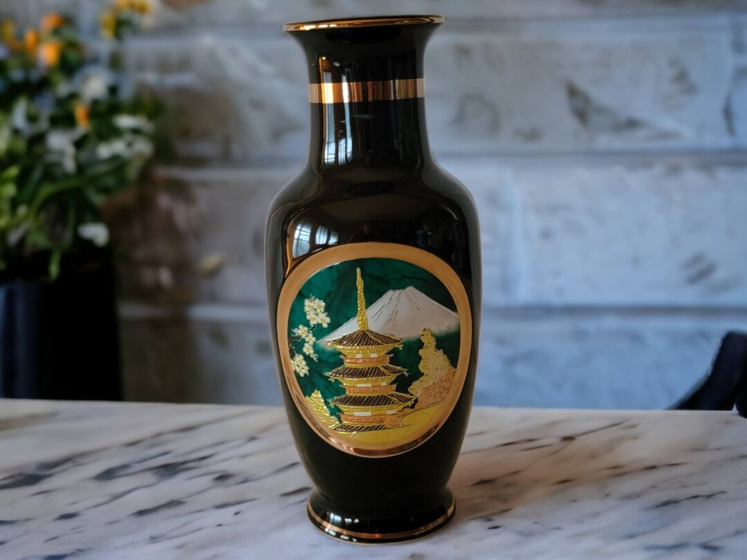The Art of Chokin Japanese Vase Pagoda and Mountains Black and 24K ...