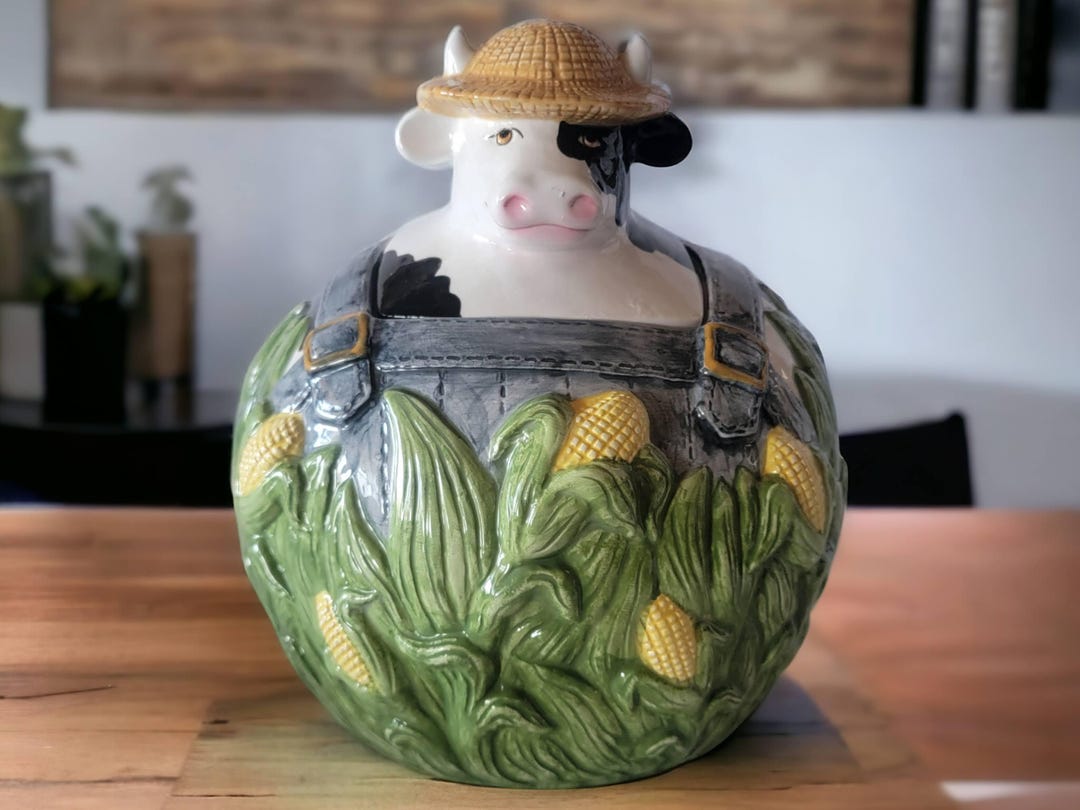 Cow in the Corn Clay Art Cookie Jar Ceramic Green and Yellow Cow ...