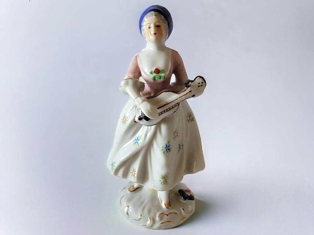 Vintage Porcelain Lady Figurine Playing Mandolin Guitar Blue Hat Gold ...