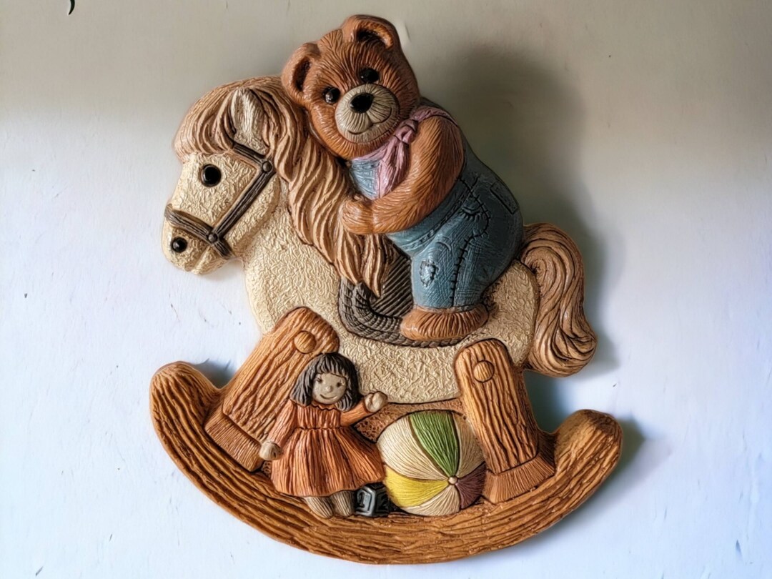 Wooden Teddy Bear Riding a Rocking Horse Plaque Vintage Nursery Decor ...