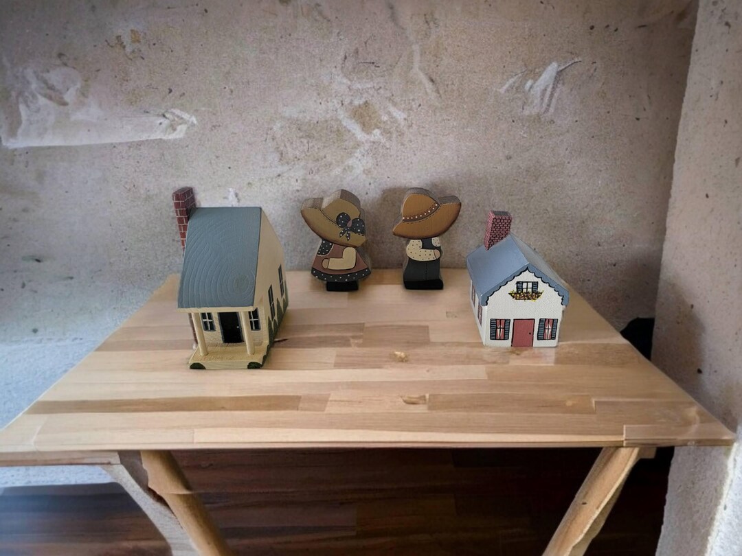 Vintage Wooden Houses Small and Cut Out Girl and Boy Farmers Cottages ...