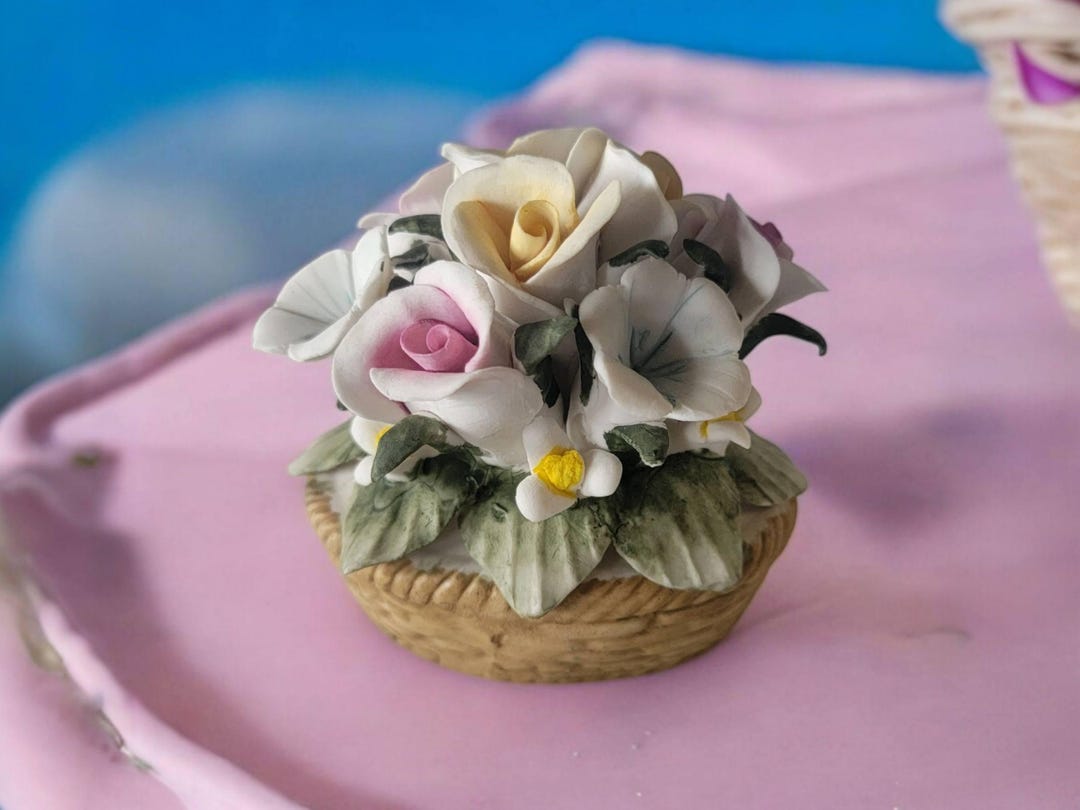 Vintage K's Collection Capodimonte Ceramic Flowers in Basket 3D Floral Design Small Collectible ...