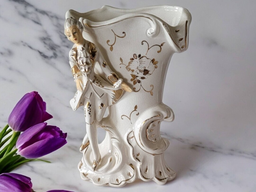 Vintage French Style Spill Vase Victorian Man White With Golden Accents ...