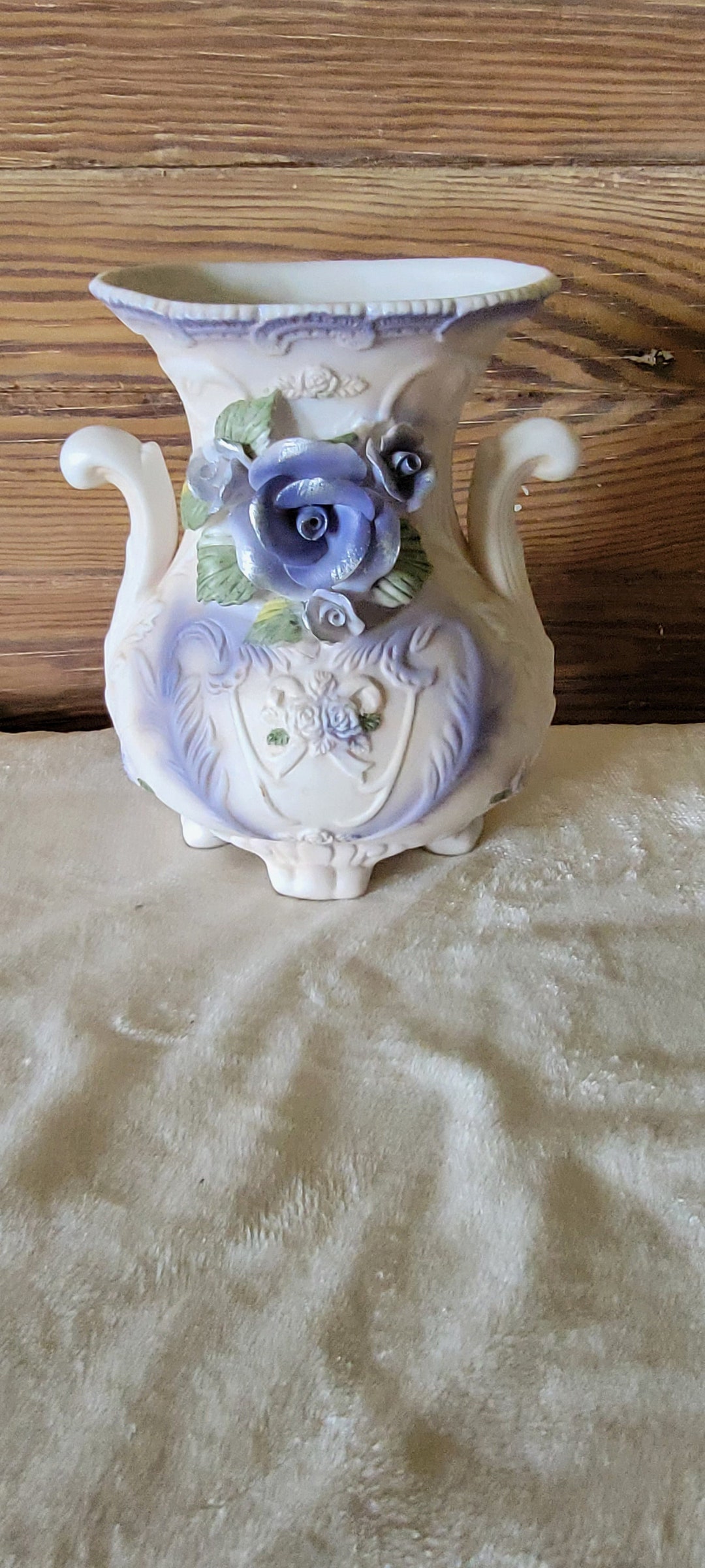 Chalkware Blue Raised Floral Vase With Handles on Side Vintage Floral ...