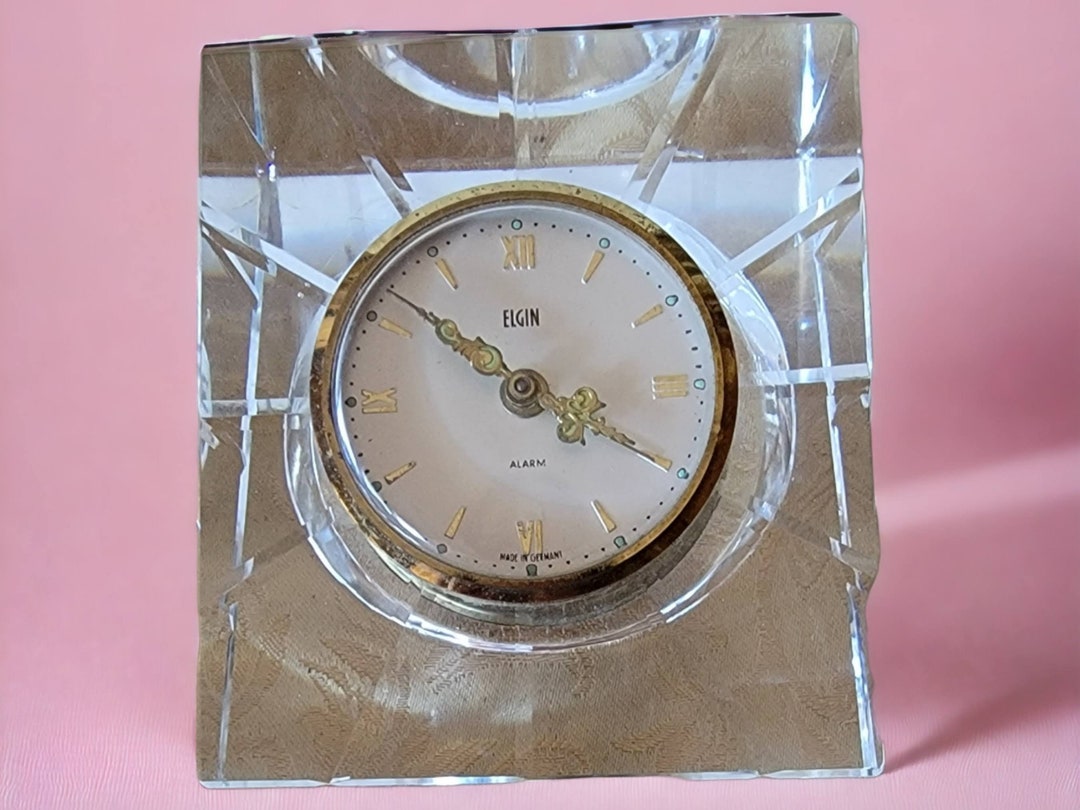 Elgin Glass Encased Brass Alarm Table Clock Crystal Base Decorative ...