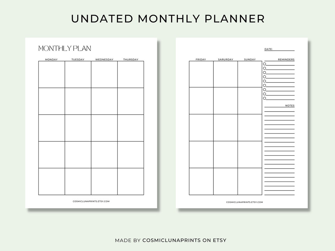 Undated Monthly Planner Printable, Month on Two Pages, Month at a ...